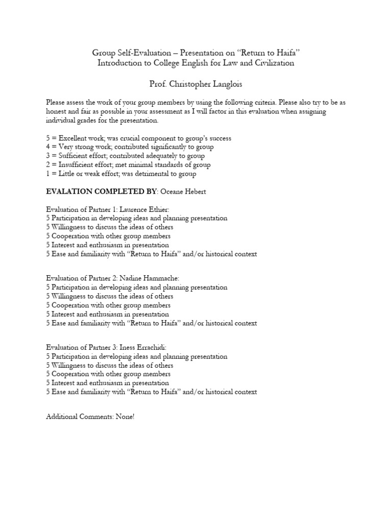 Group Self-Evaluation - Presentations On Return To Haifa | PDF