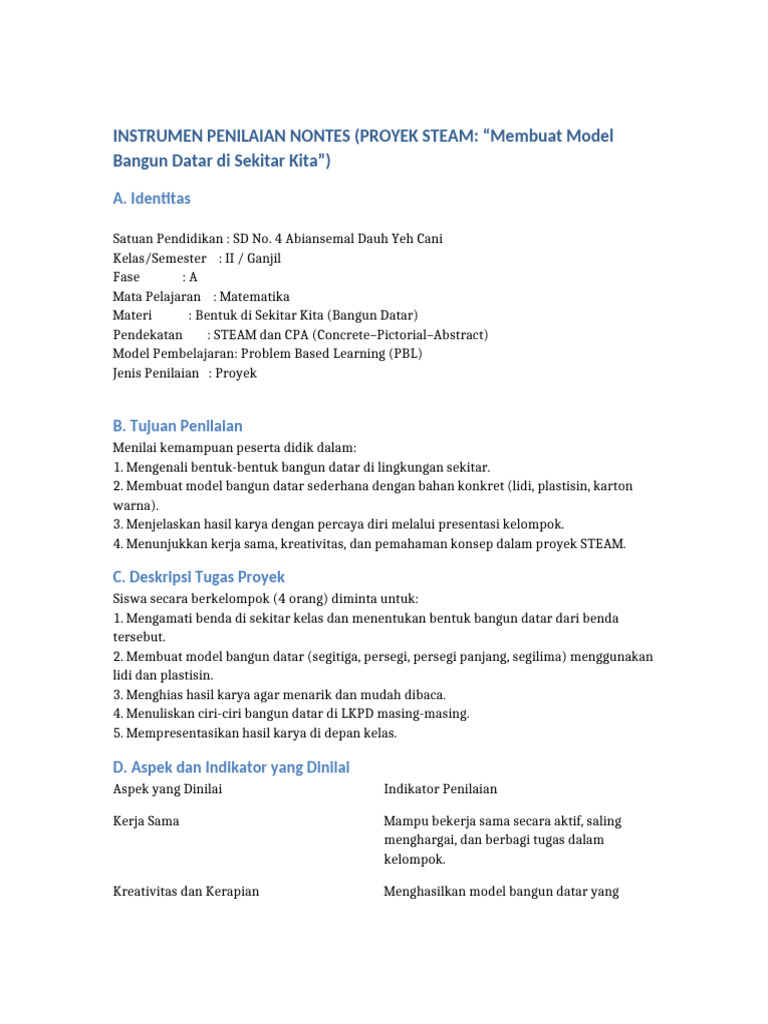 Penilaian Proyek STEAM Bangun Datar SD | PDF