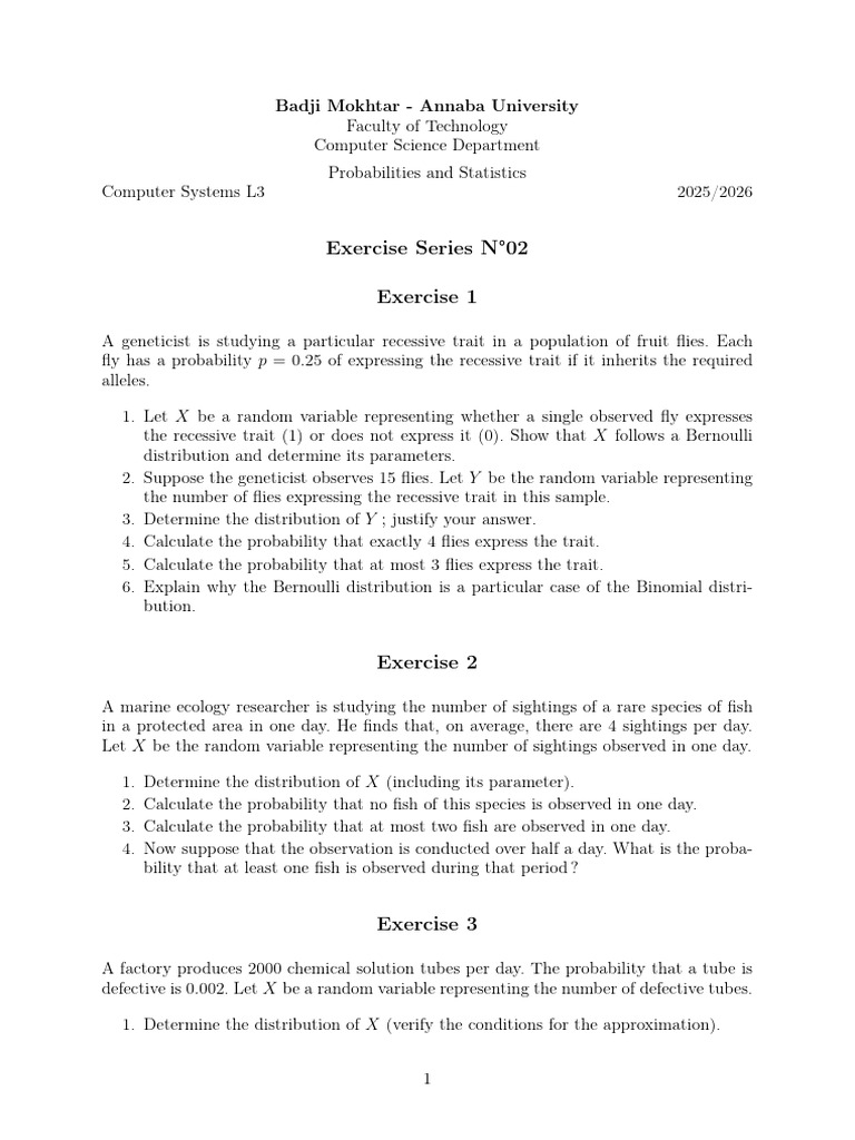 Probabilities and Statistics Exercises 2025 | PDF | Probability ...