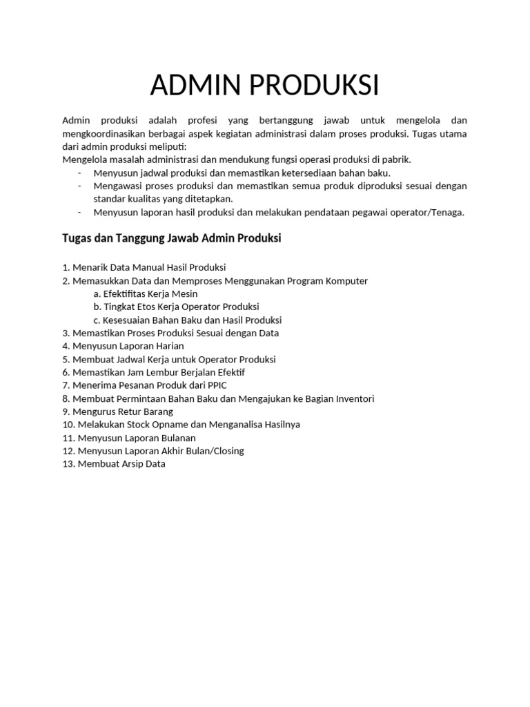 Job Desk Admin Produksi | PDF