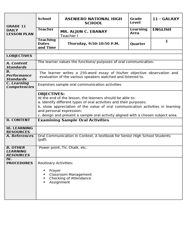 2ND Observation in Oral Com | PDF | Communication | Learning