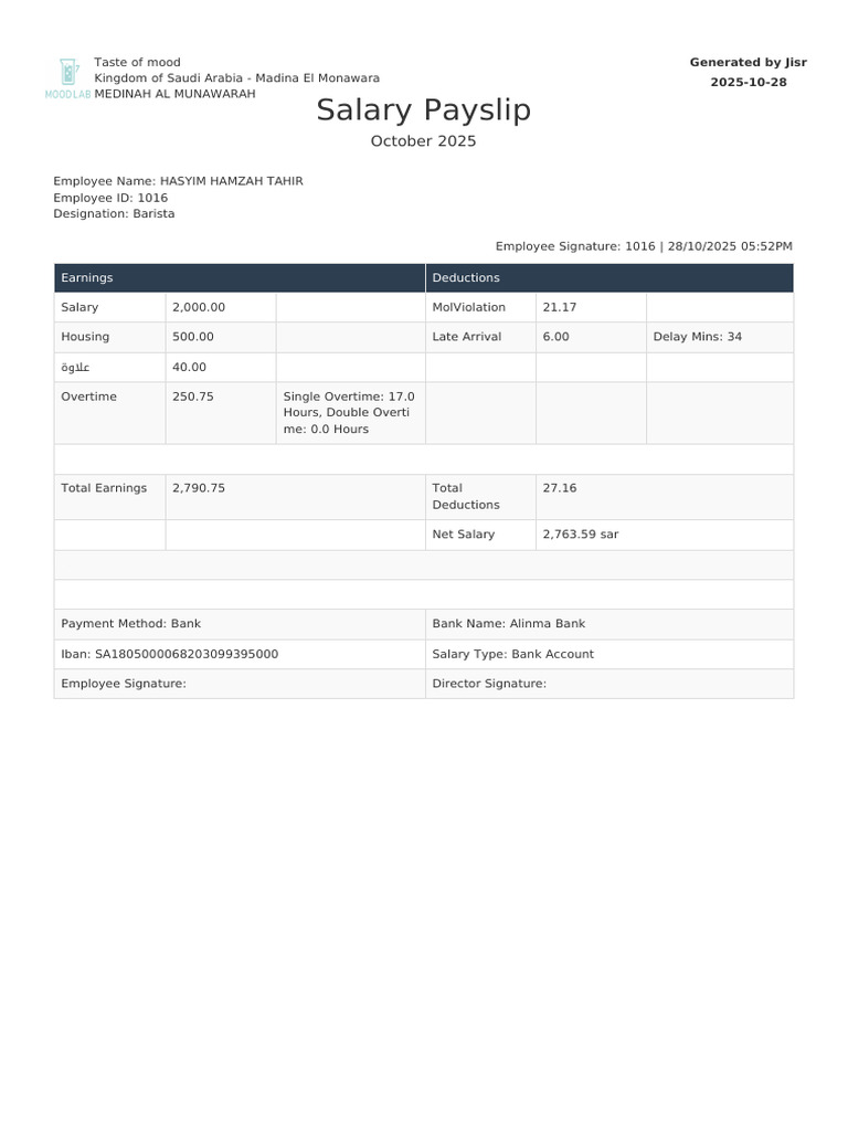 Salary Payslip: October 2025 | PDF