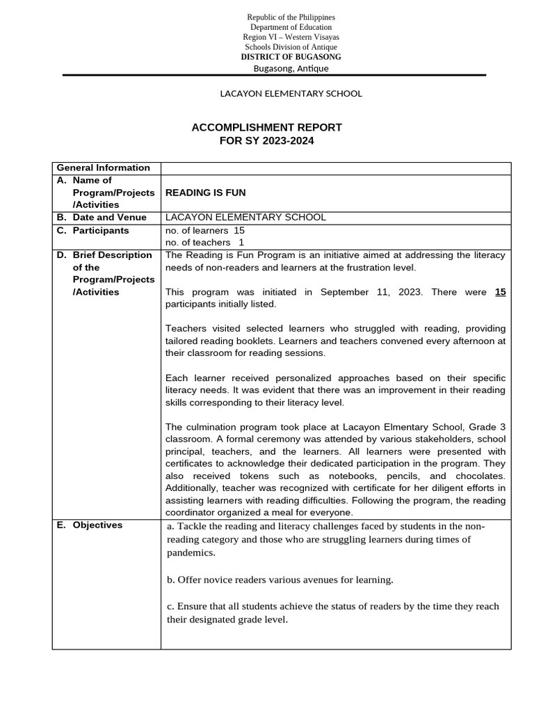 Remedial Reading Accomplishment Report Sample | PDF | Literacy | Teachers