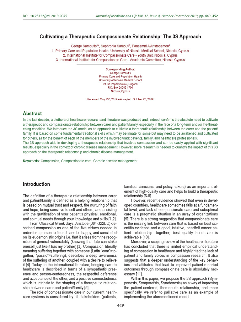 Samoutis 2019 Cultivating A Therapeutic Compassionate Relationship The ...