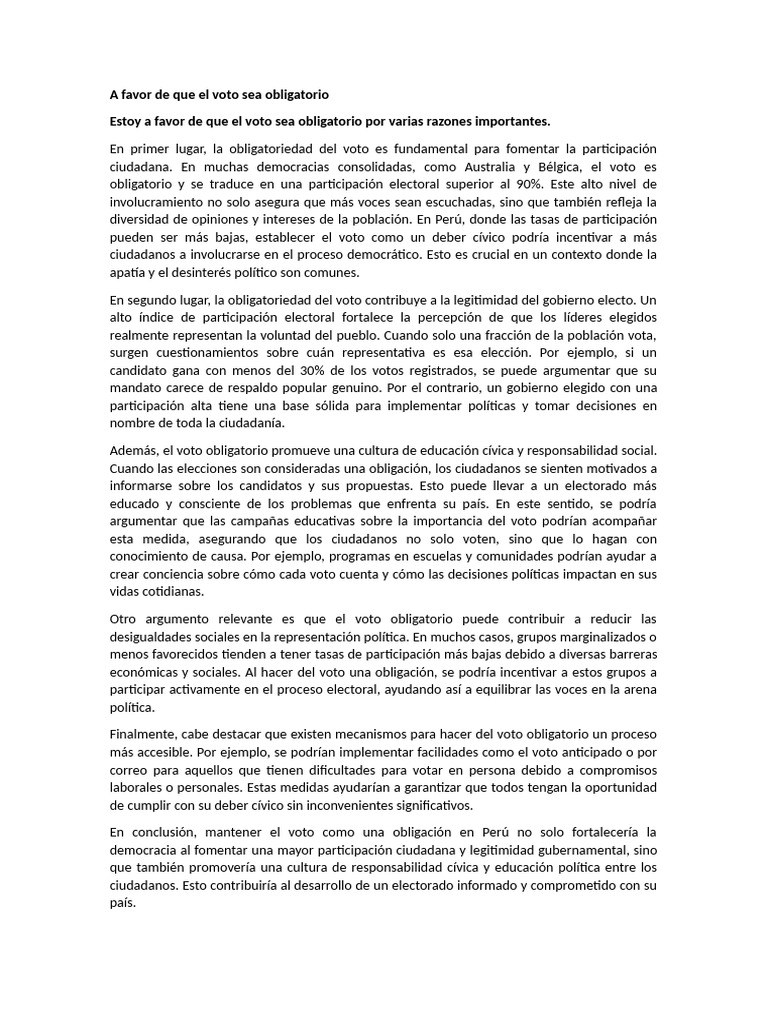 A Favor de Que El Voto Sea Obligatorio DB | PDF | Votación | Democracia
