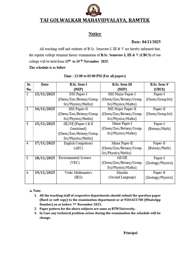 Notice & Time Table Terminal Exam - 25 | PDF | Mathematics | Science