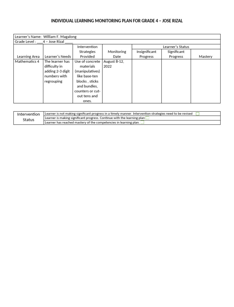 Grade 4 Individual Learning Plan: Math | PDF
