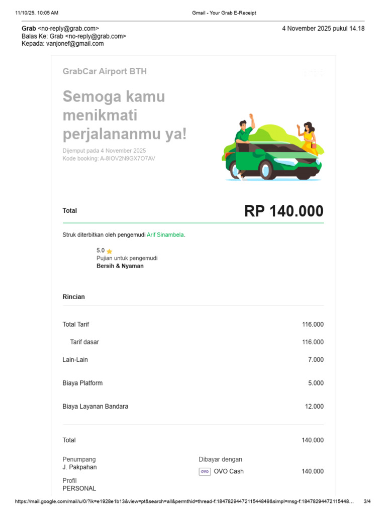 E-Receipt GrabCar Bandara BTH 2025 | PDF