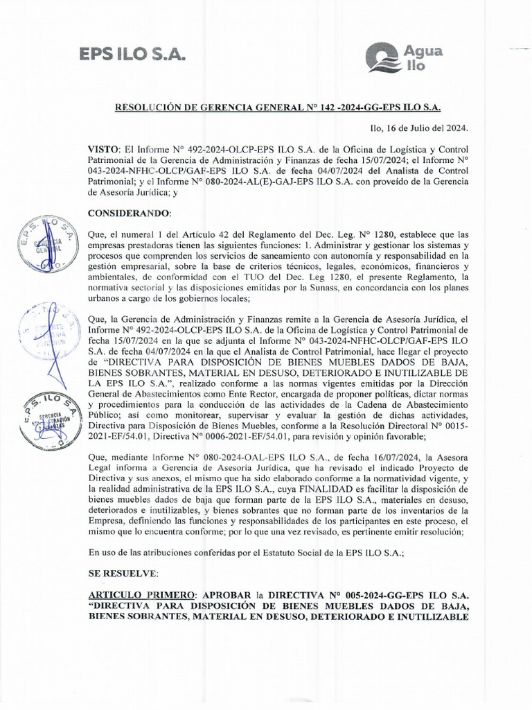R.G.G. No. 142-2024-GG-EPS ILO S.A. Aprobar La Directiva #005-2024 ...
