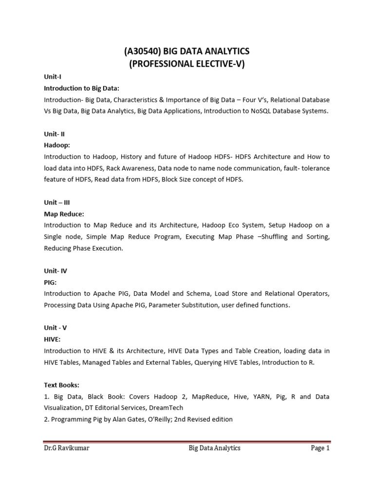 Big Data Analytics Unit1&2 | PDF | Apache Hadoop | No Sql