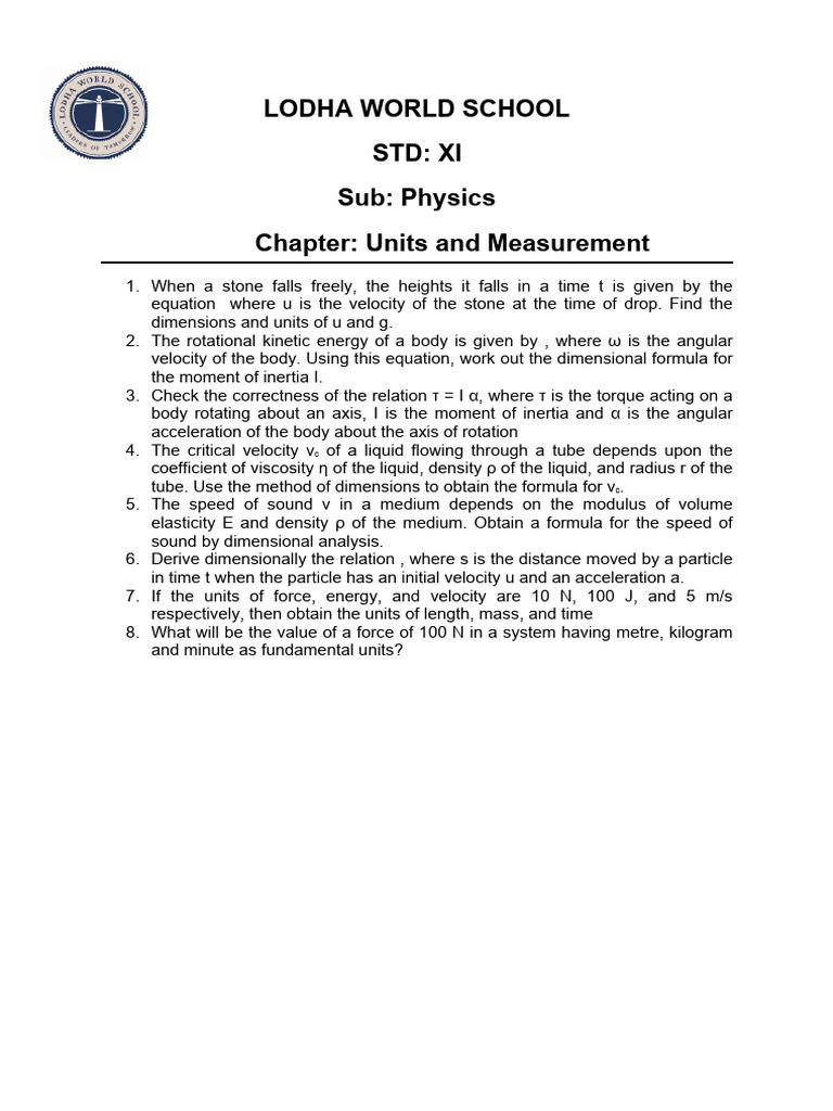 Units and Measurement Worksheet Class XI | PDF