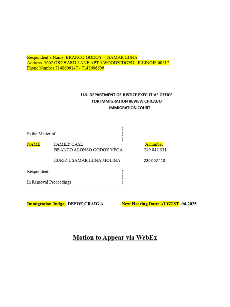 WebEx Hearing Request for Immigration Case | PDF | Removal Proceedings ...