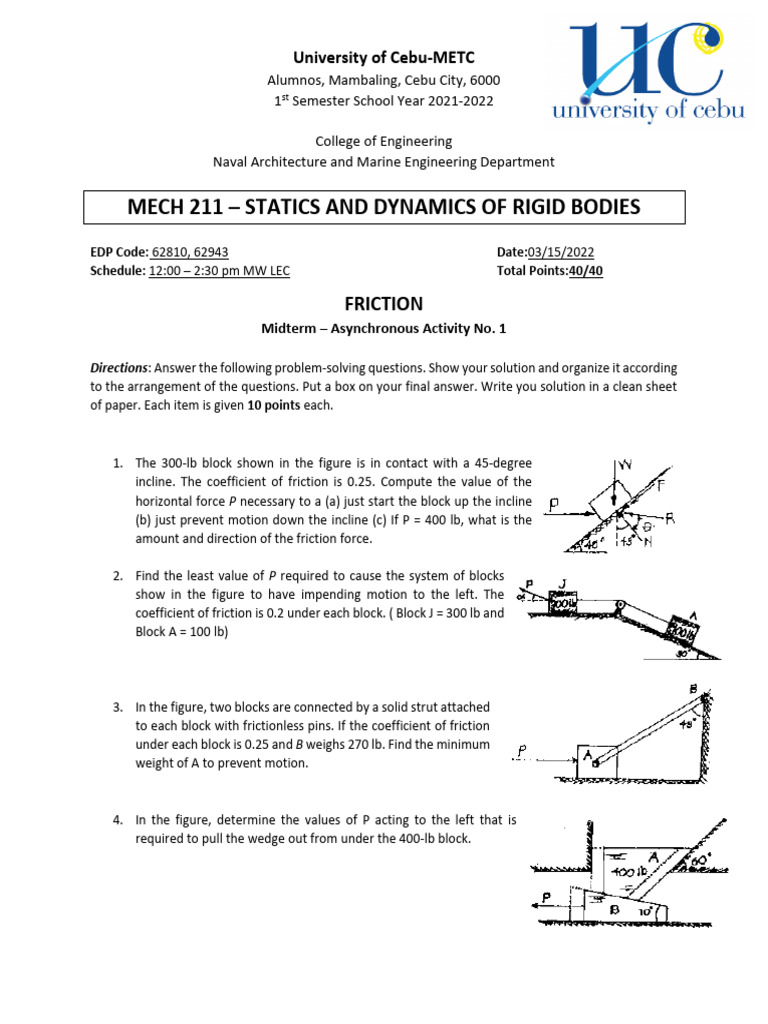 MECH211 - Midterm Activity No. 1 (Friction) | PDF