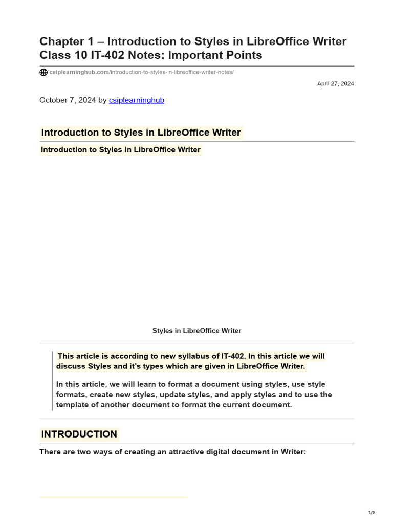 CH 1 Introduction To Styles in LibreOffice Writer Class 10 IT-402 Notes ...