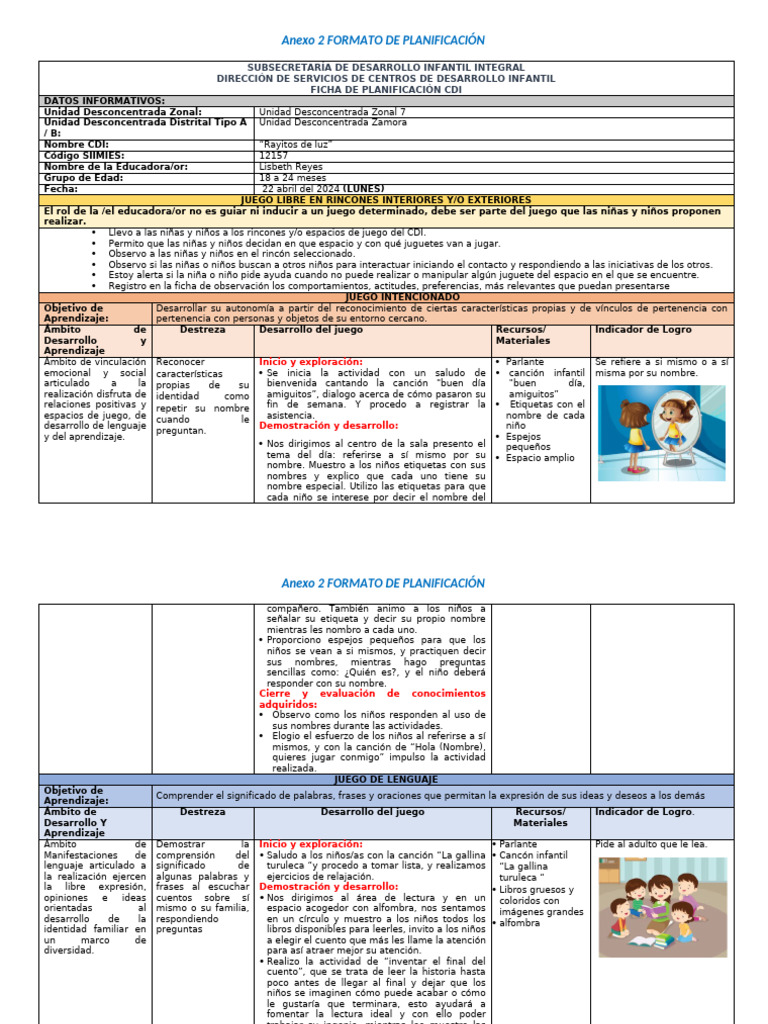 4 Planificacion Semanal 22 04 Al 26 04 2024 Sala 1 | PDF | Aprendizaje ...