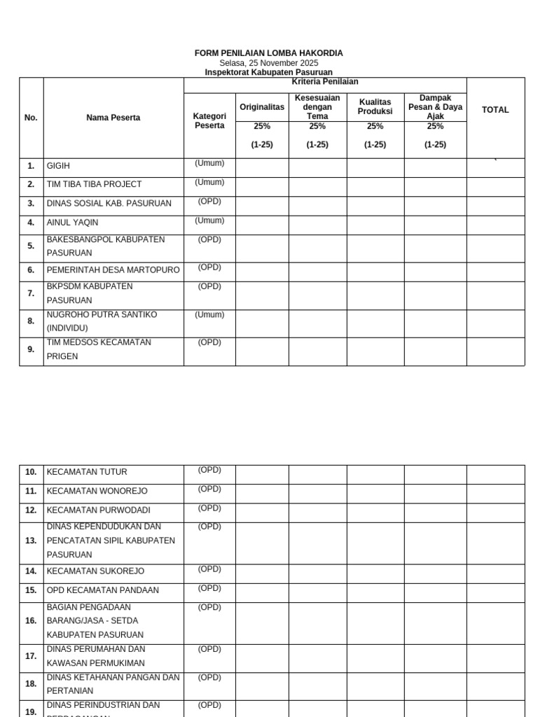Form Penilaian Lomba Video | PDF