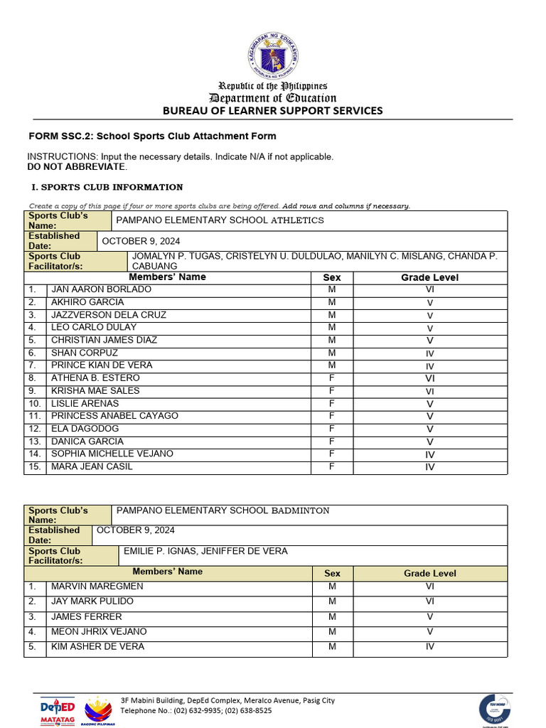 FORM SSC.2 School Sports Club Attachment Form SSD | PDF