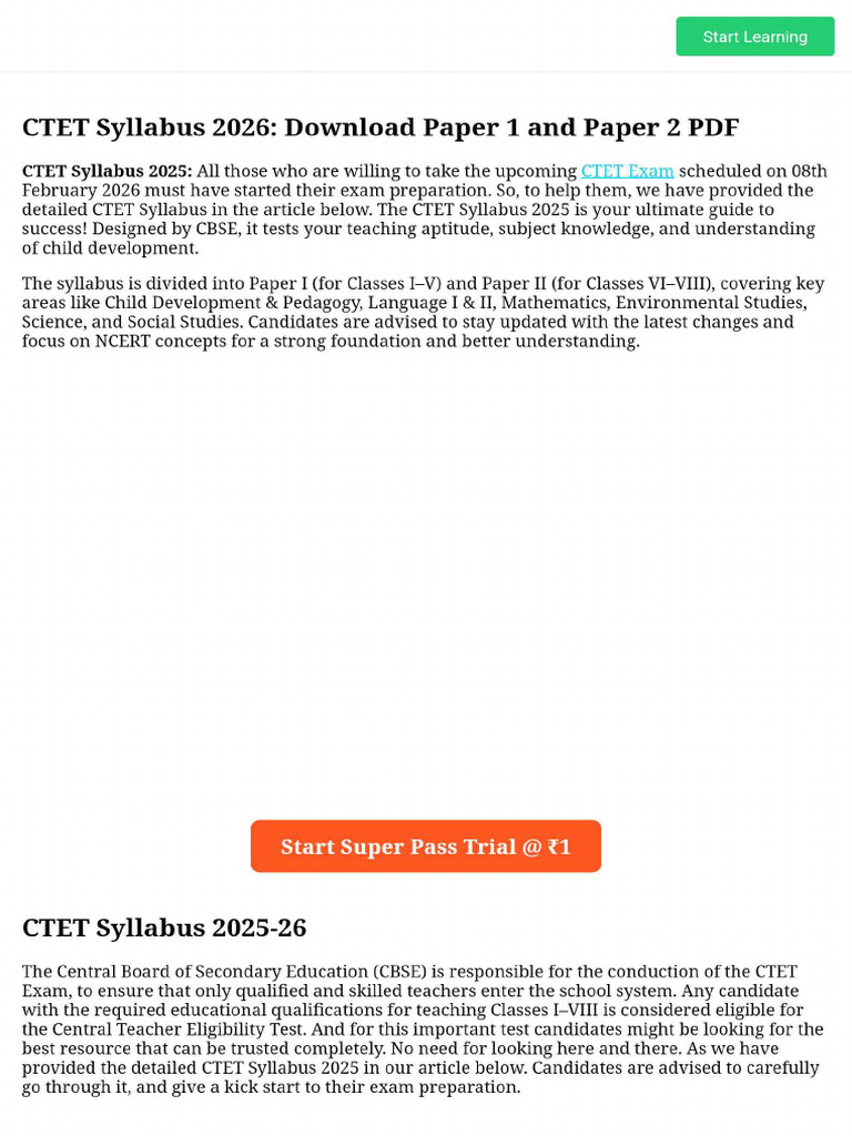 CTET Syllabus 2026 - Download Paper 1 and Paper 2 PDF | PDF