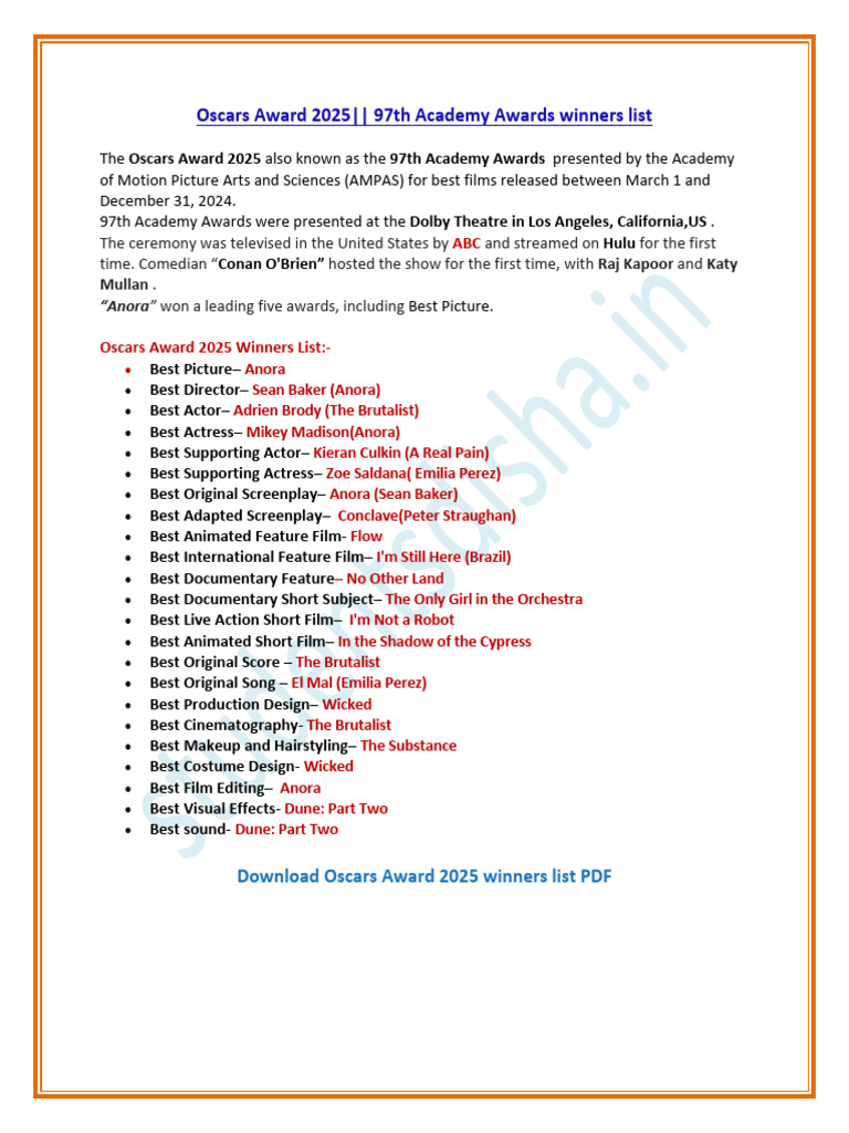 Oscars 2025 Winners List Revealed | PDF