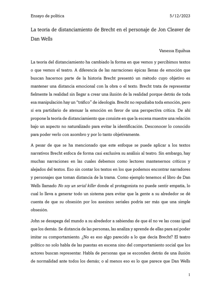 Brecht en No Soy Unserial Killer | PDF | Narración | Asesino en serie