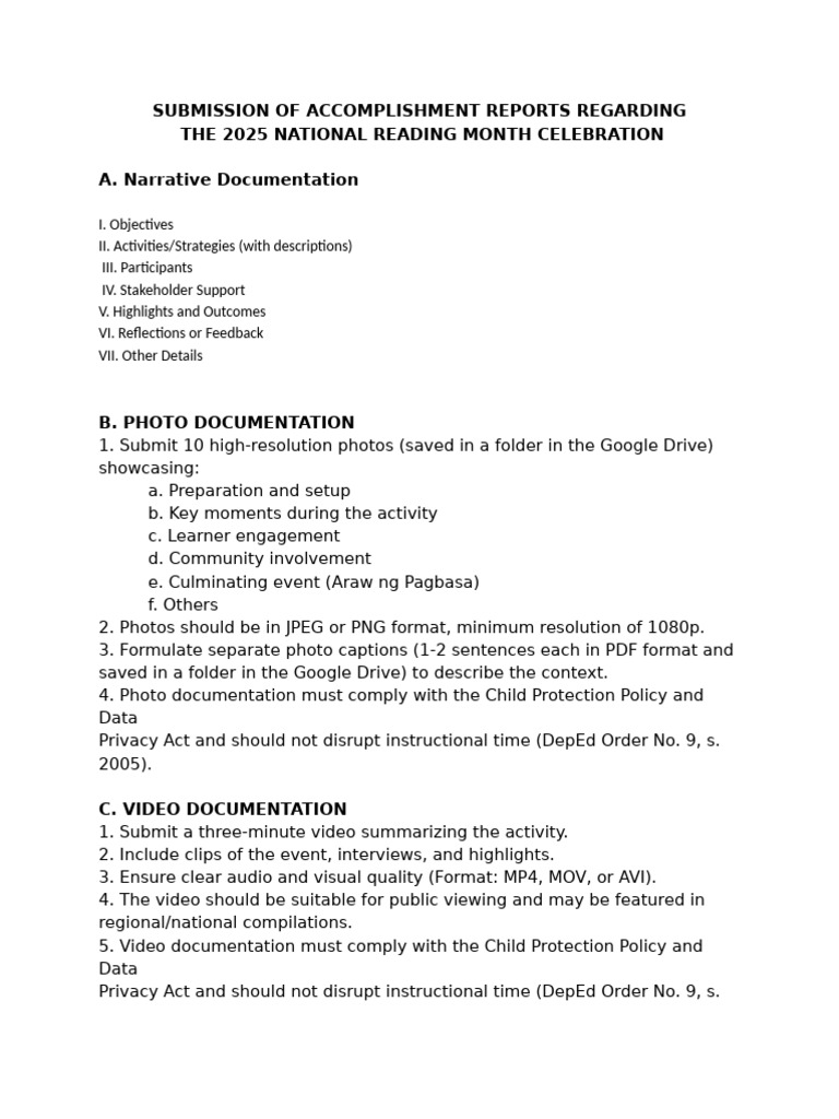 CONTENTS For The 2025 National Reading Month Accomplishment Report | PDF