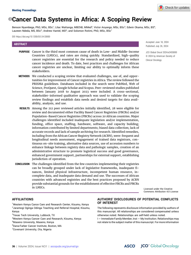 Nyambega Et Al 2024 Cancer Data Systems in Africa a Scoping Review | PDF | Systematic Review