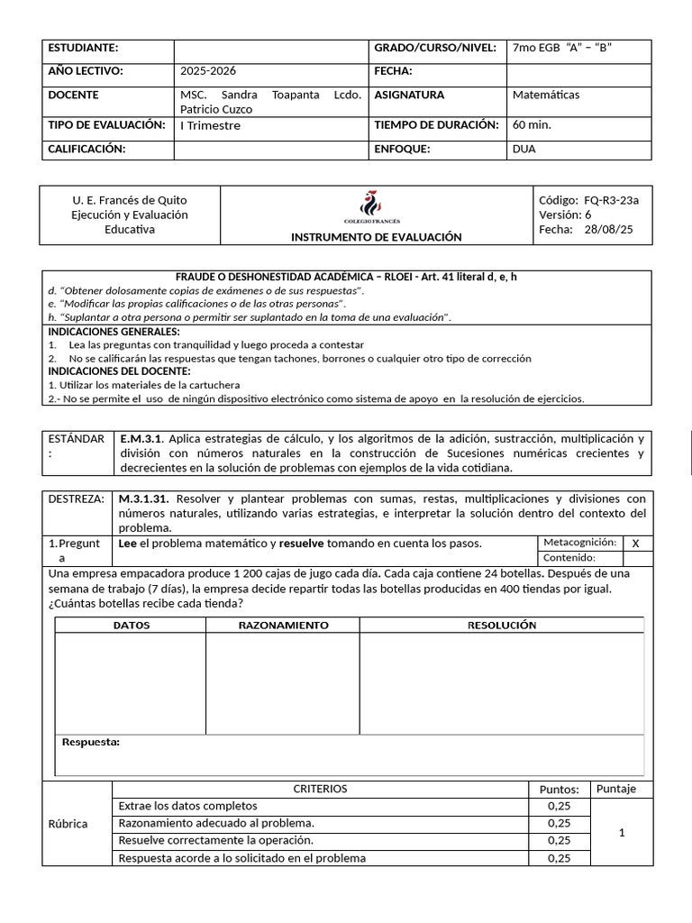 Examen I Trimestre - Enfoque - Dua - Matemáticas 7mo | PDF | Matemática Elemental | Números