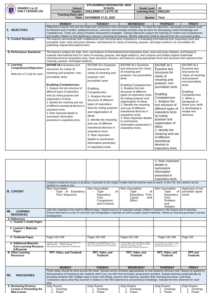 English 7 DLL 3rd Quarter Wk2 2025 | PDF | Learning | Teachers