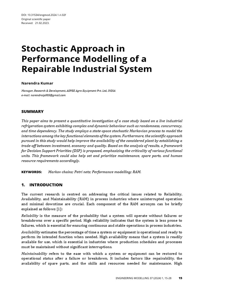 Stochastic Approach in Performance Modelling of A Repairable Industrial ...