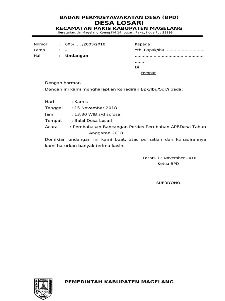 Undangan Rapat BPD Desa Losari | PDF