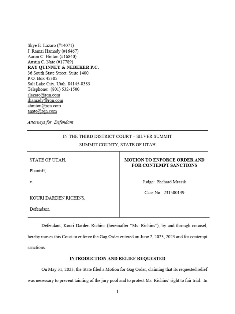 Kouri Richins Motion To Enforce Gag Order Contempt Sanctions | PDF ...