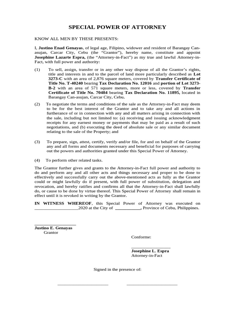 3273-B-2 & C-SPA-Justino Enad Genayas to Josephine L. Espra | PDF | Power Of Attorney | Civil ...