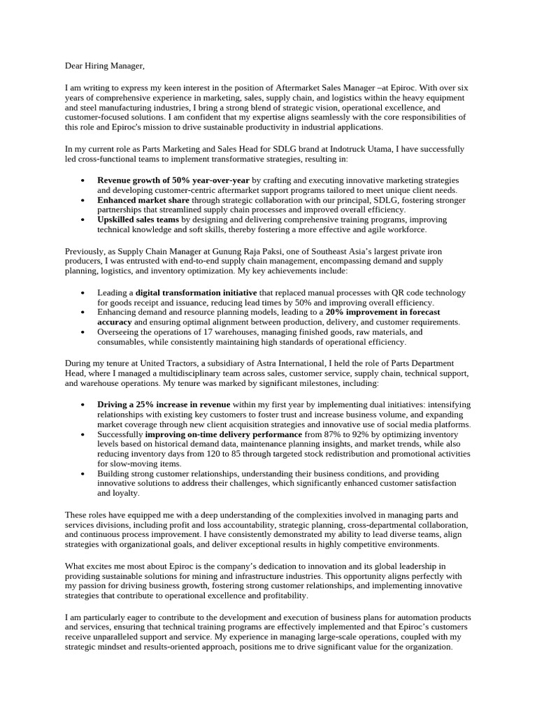 Cover Letter Epiroc | PDF | Supply Chain | Supply Chain Management