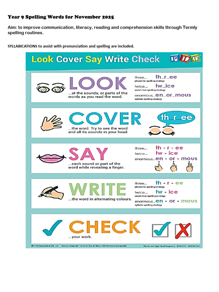 Year 9 November Spelling List | PDF