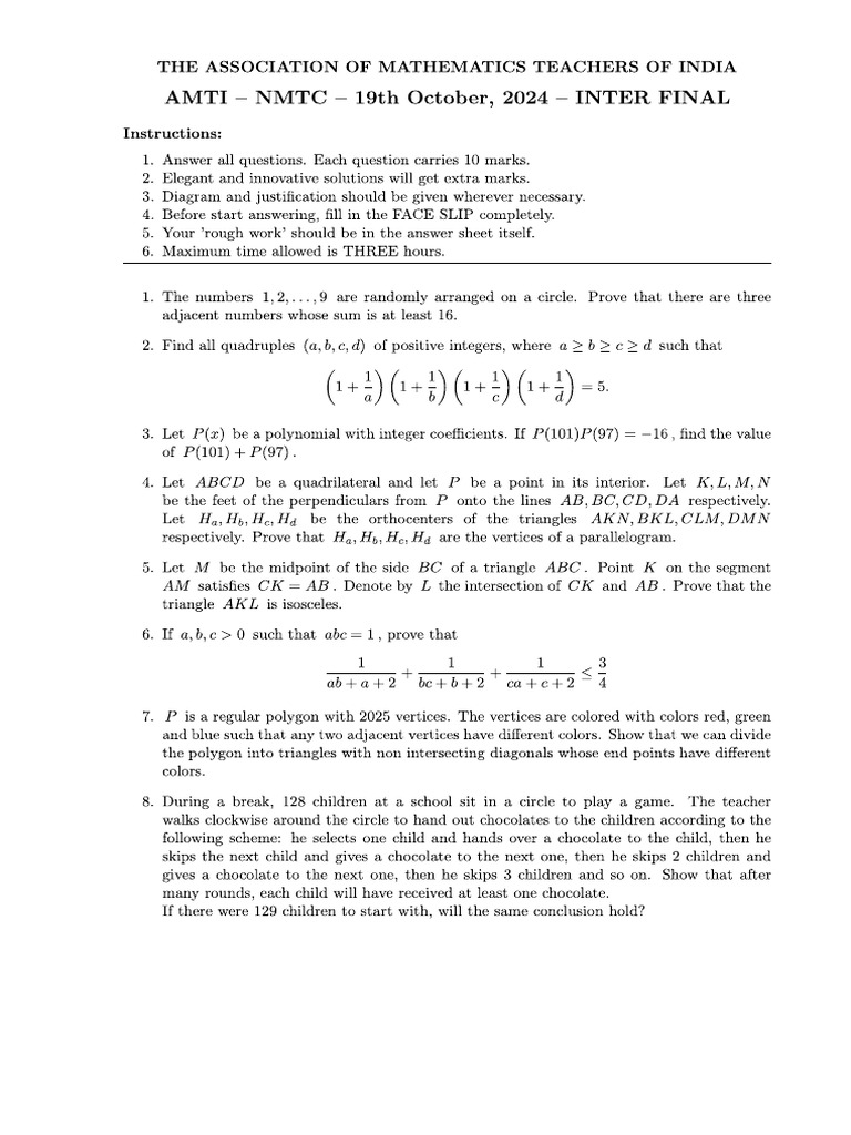 NMTC 2024 Mathematics Question Papers | PDF | Geometry | Elementary ...