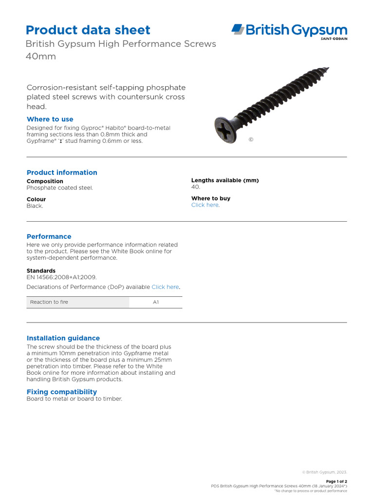 British Gypsum 40mm High Performance Screws | PDF | Drywall | Materials