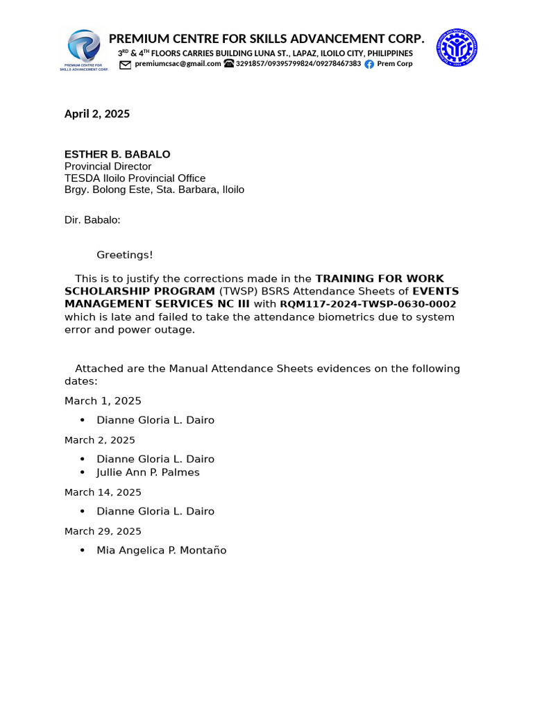 TWSP Attendance Correction Justification | PDF