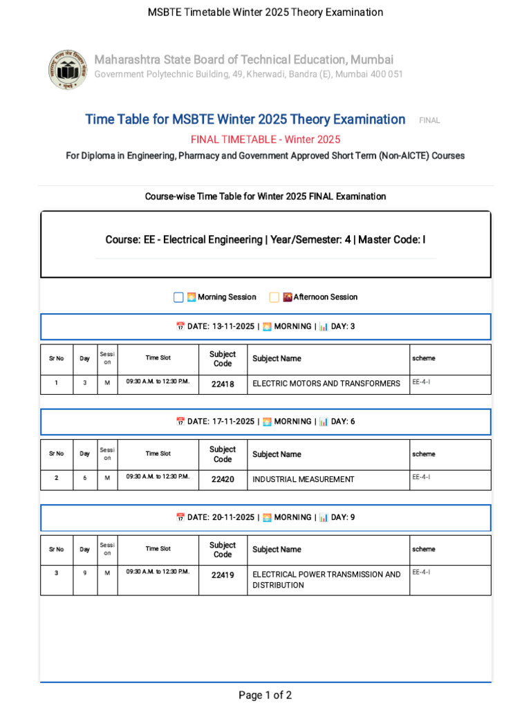MSBTE Winter 2025 Exam Timetable | PDF | Qualifications | Educational ...