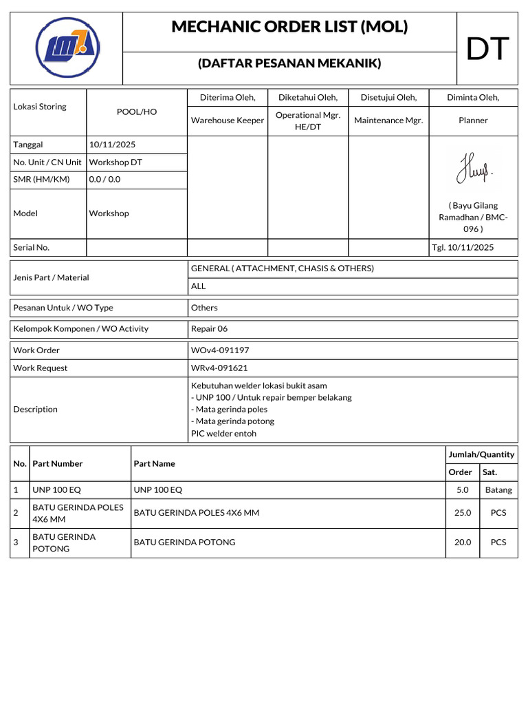 Daftar Pesanan Mekanik untuk Repair | PDF