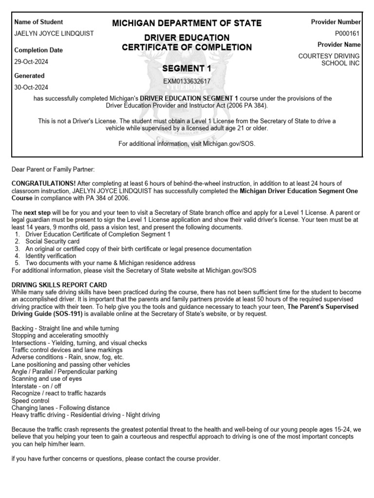 Michigan Department of State Driver Education Certificate of Completion ...