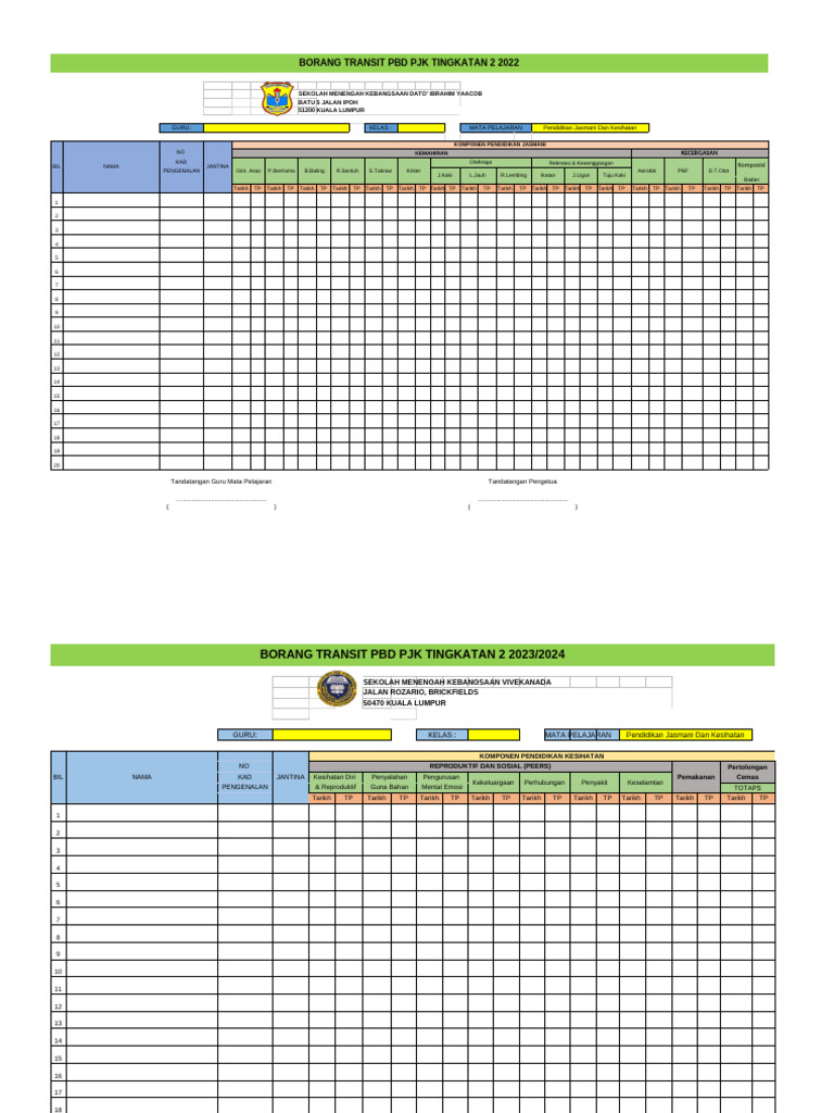 Borang Transit PBD PJK Ting 2 2022 | PDF