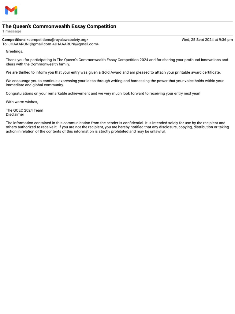 The Queen’s Commonwealth Essay Competition 2024 AWARD | PDF