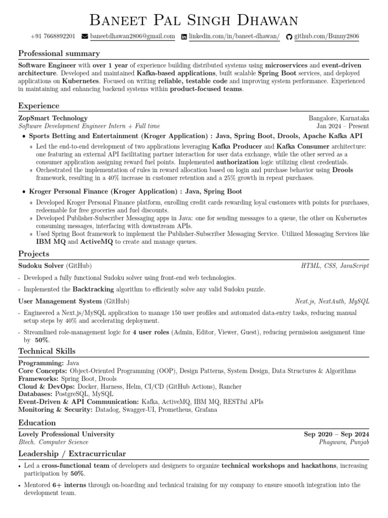 Baneet Pal Singh Dhawan Resume | PDF | Information Technology | Software