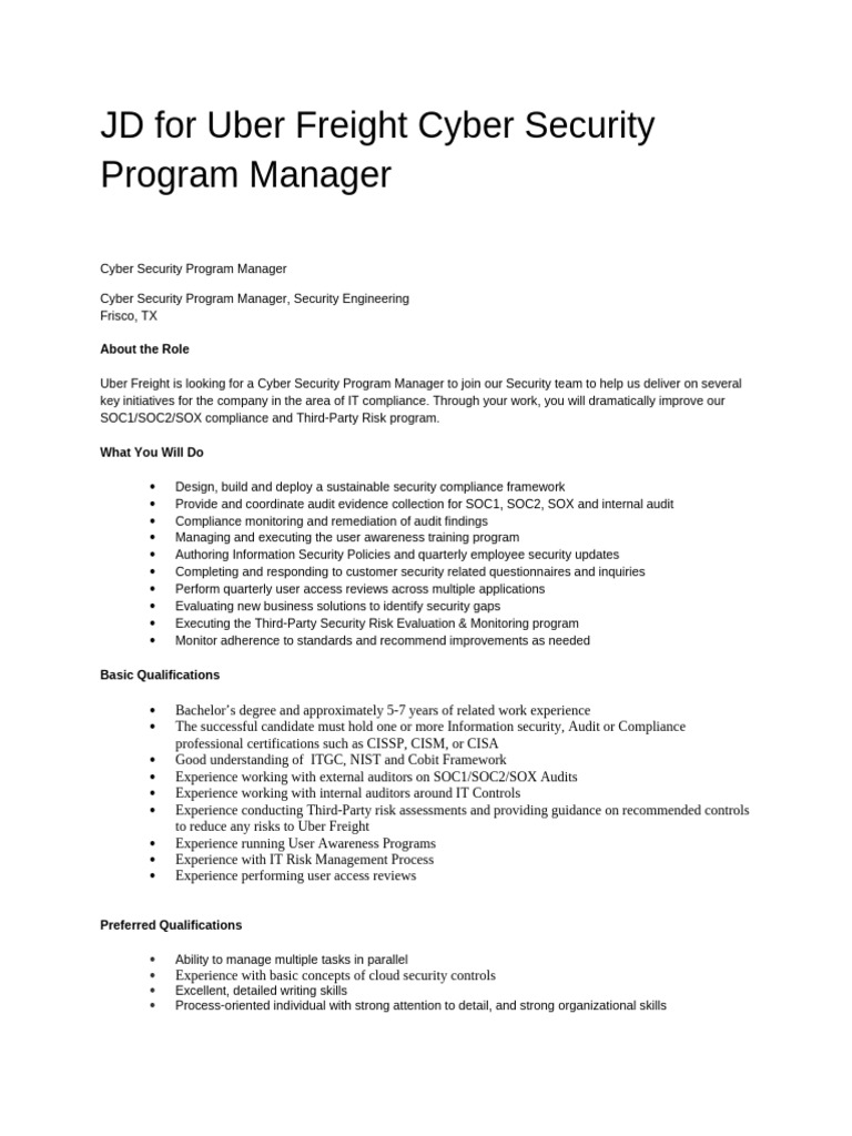 Uber Freight Cyber Security Manager Role | PDF | Internal Audit ...