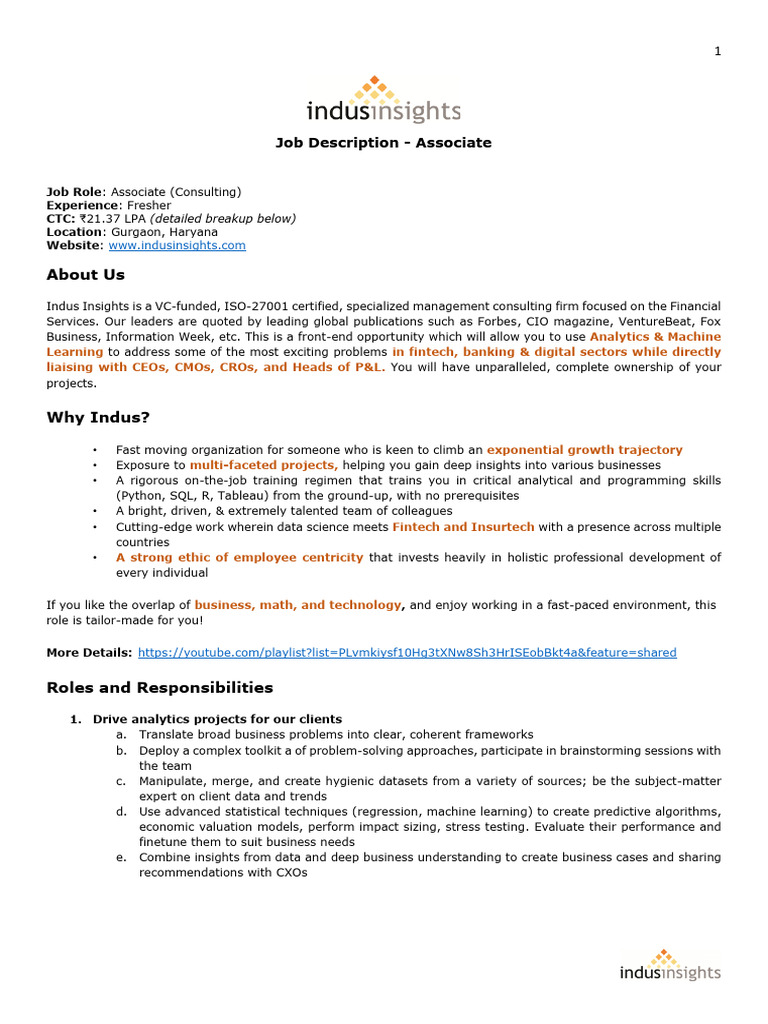 Indus Insights JD - Associate | PDF | Analytics | Business