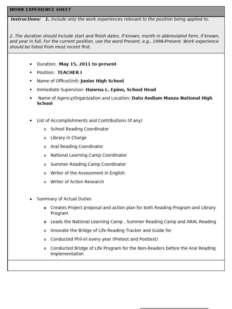 Work Experience Sheet | PDF