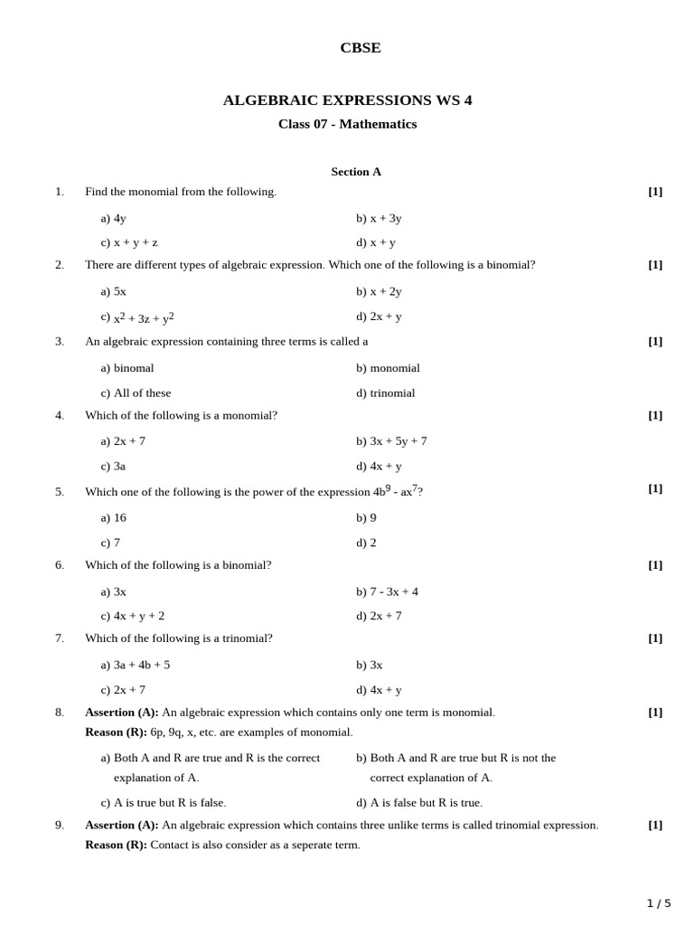 Algebraic Expressions WS 4 (Monomials, Binomials, Trinomials and ...