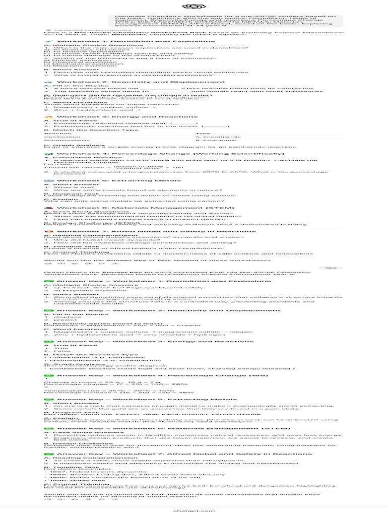 Pre-IGCSE Chemistry Worksheets | PDF
