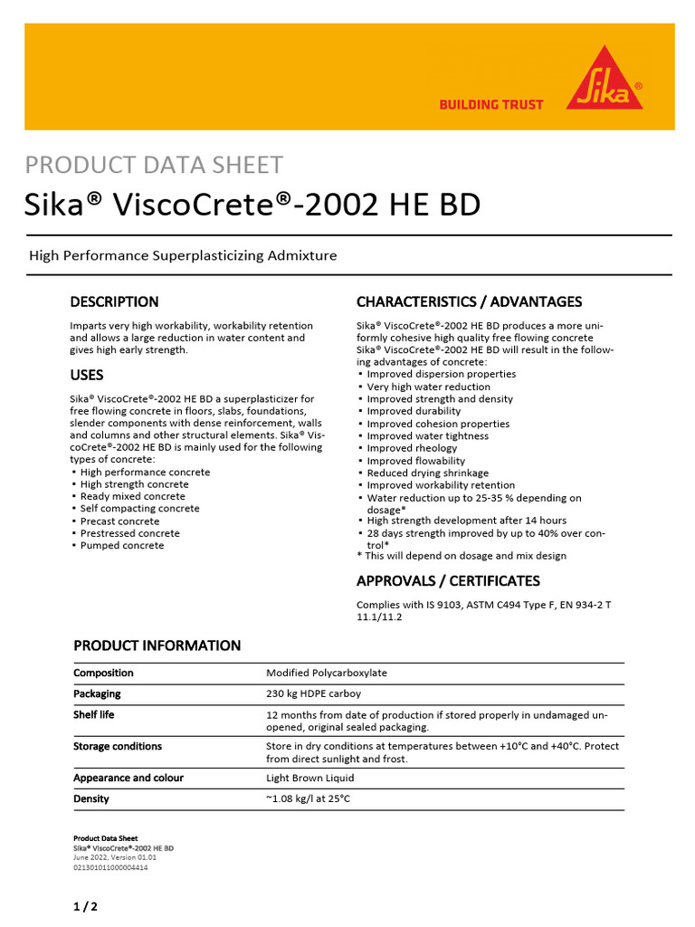 Sika Viscocrete 2002hebd | PDF | Concrete | Cement