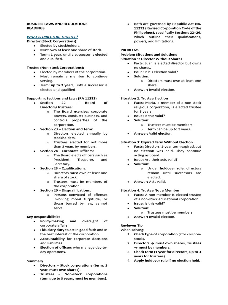 Business Laws and Regulations Readings | PDF | Board Of Directors ...